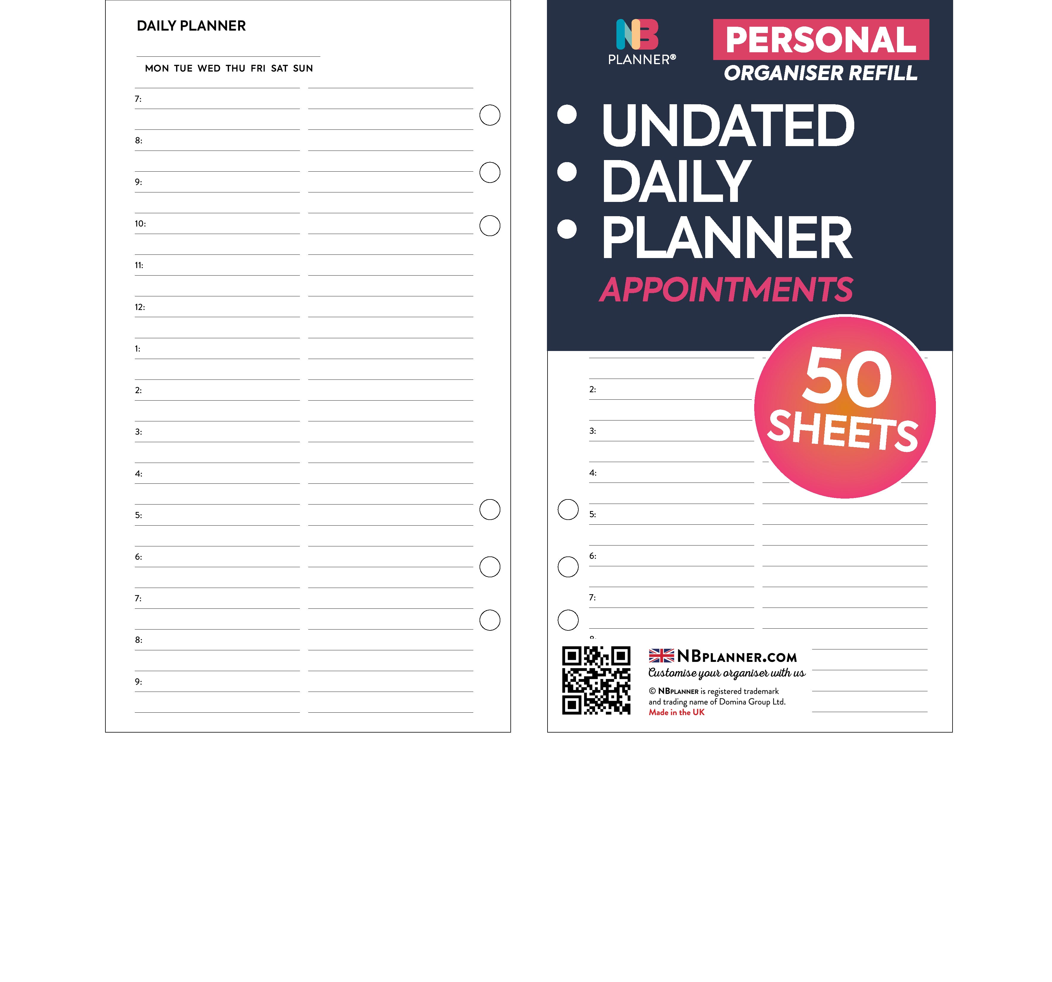 Personal size Undated daily planner with appointments organiser refill