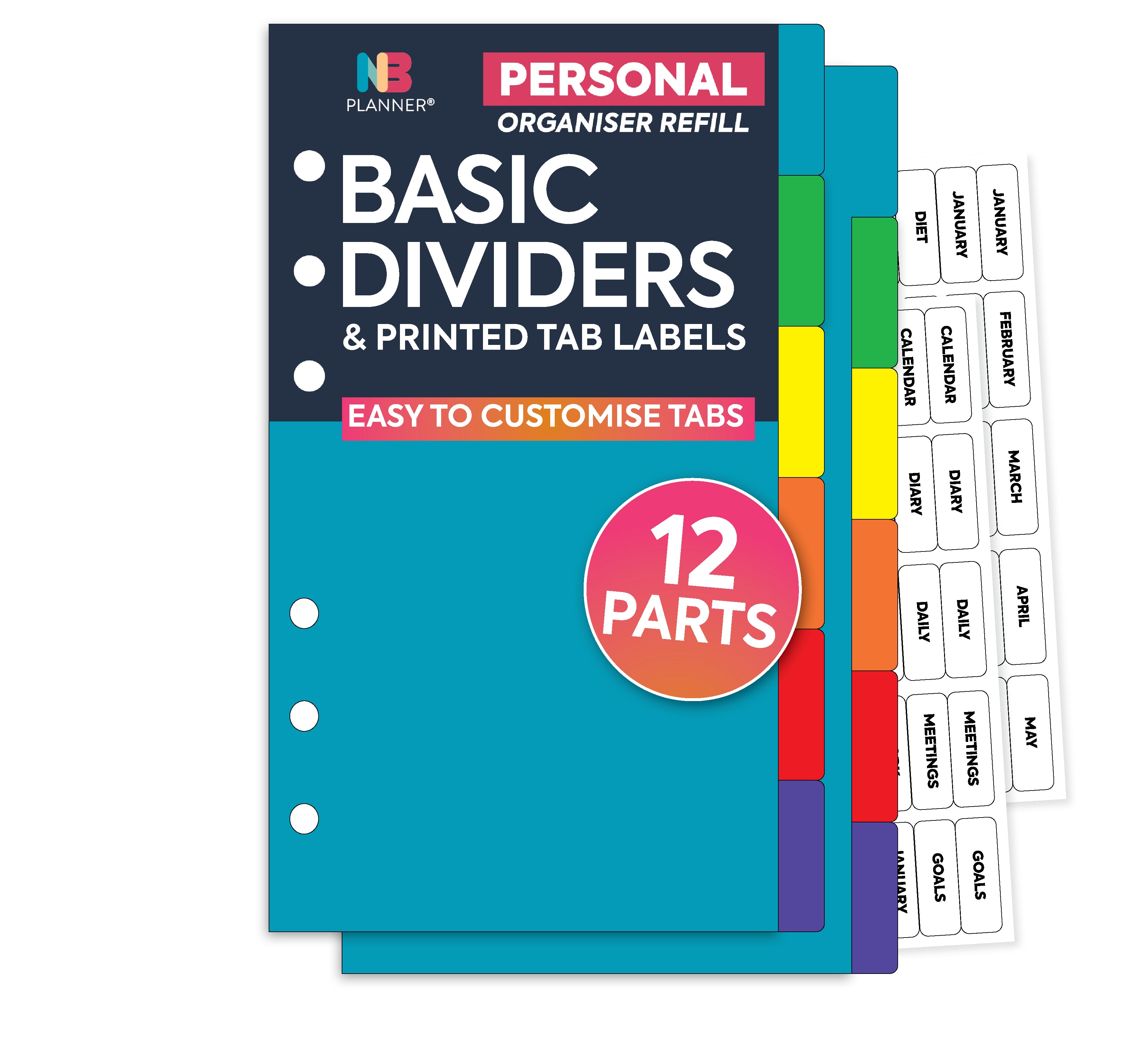 Personal size 12-part cardstock dividers & clear tab labels