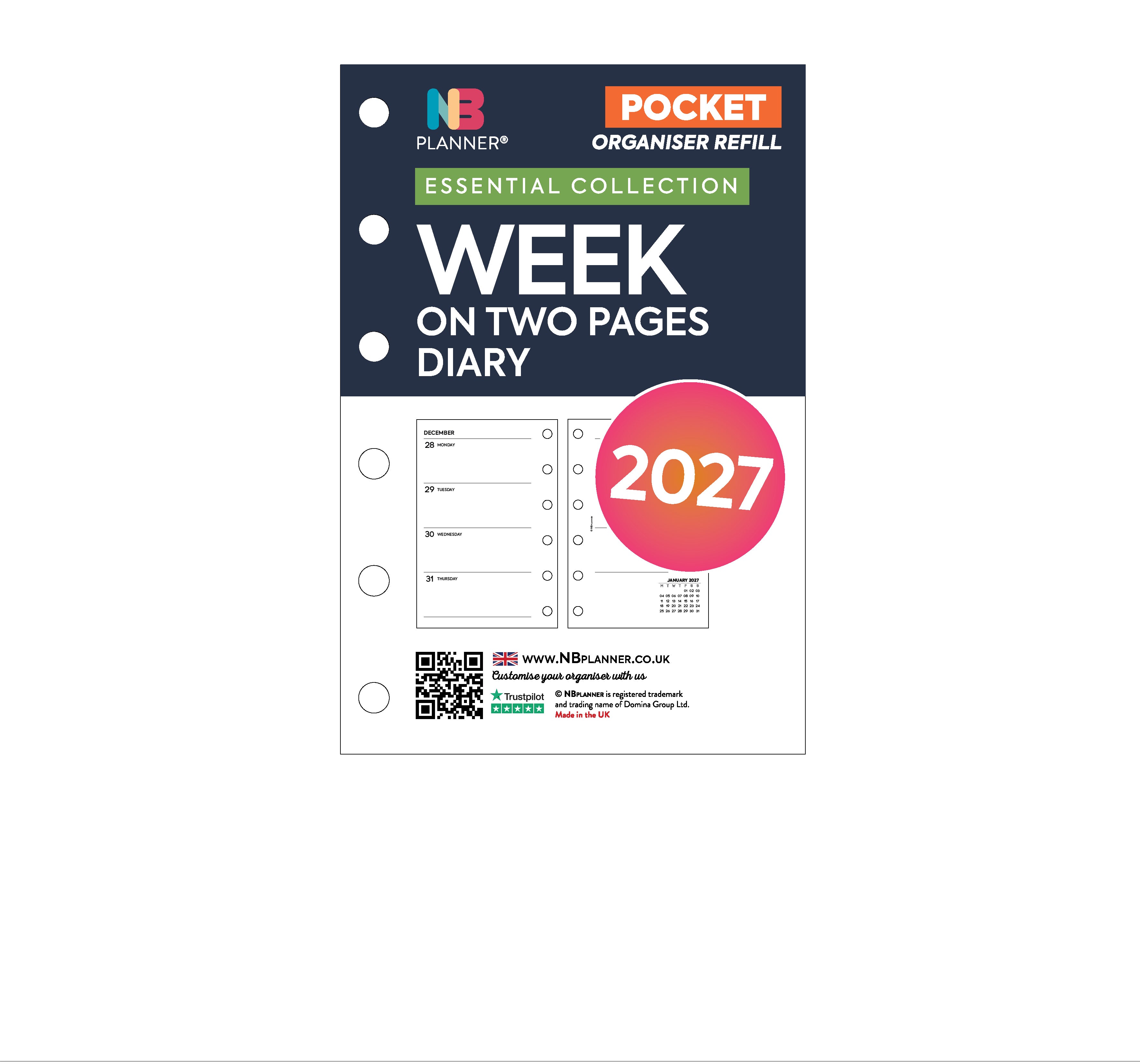 2027 Pocket size Week on two pages diary organiser refill | Essential