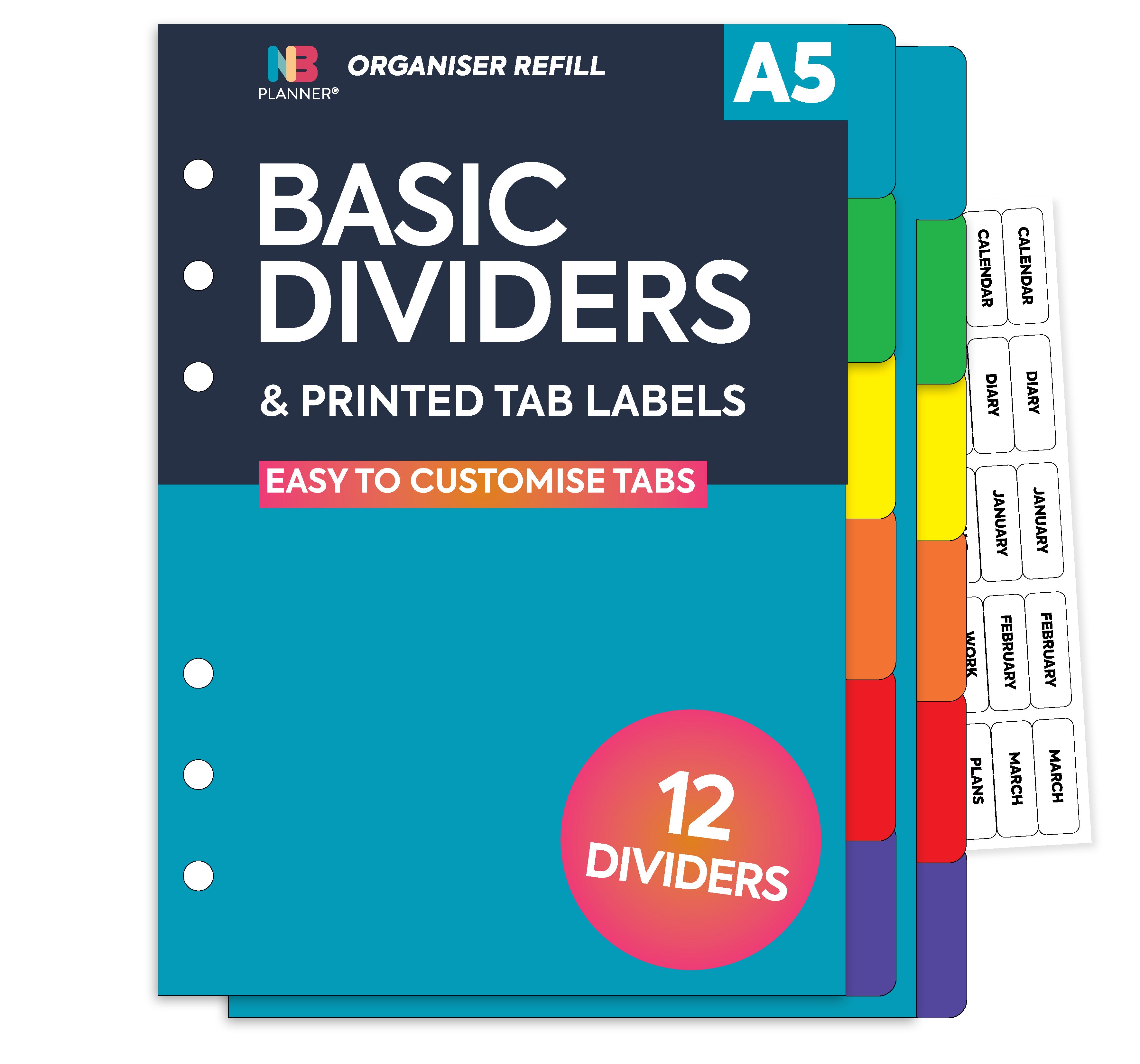 A5 size 12-part cardstock bright dividers & clear tabs labels organise