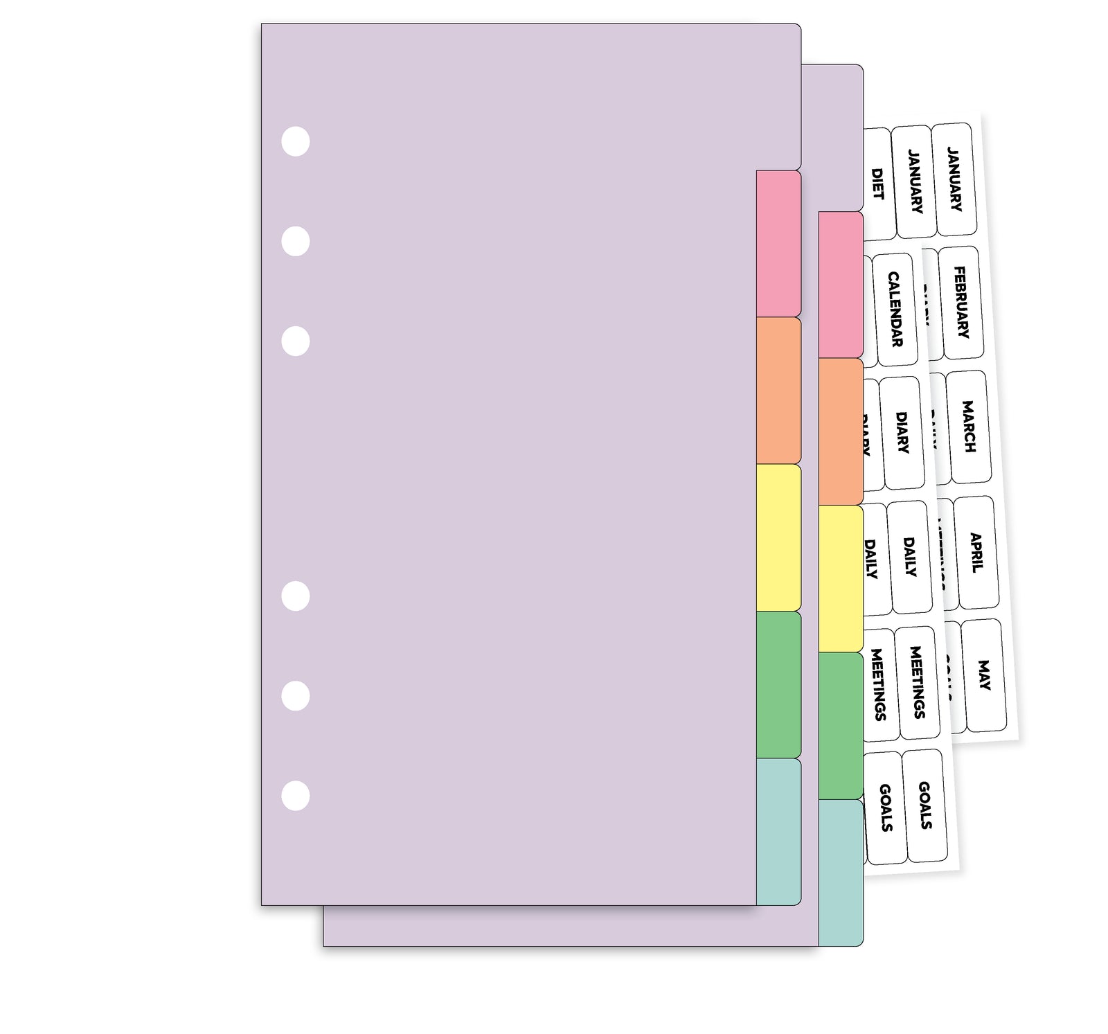 Personal size 12-part pastel card-stock dividers & clear tab labels