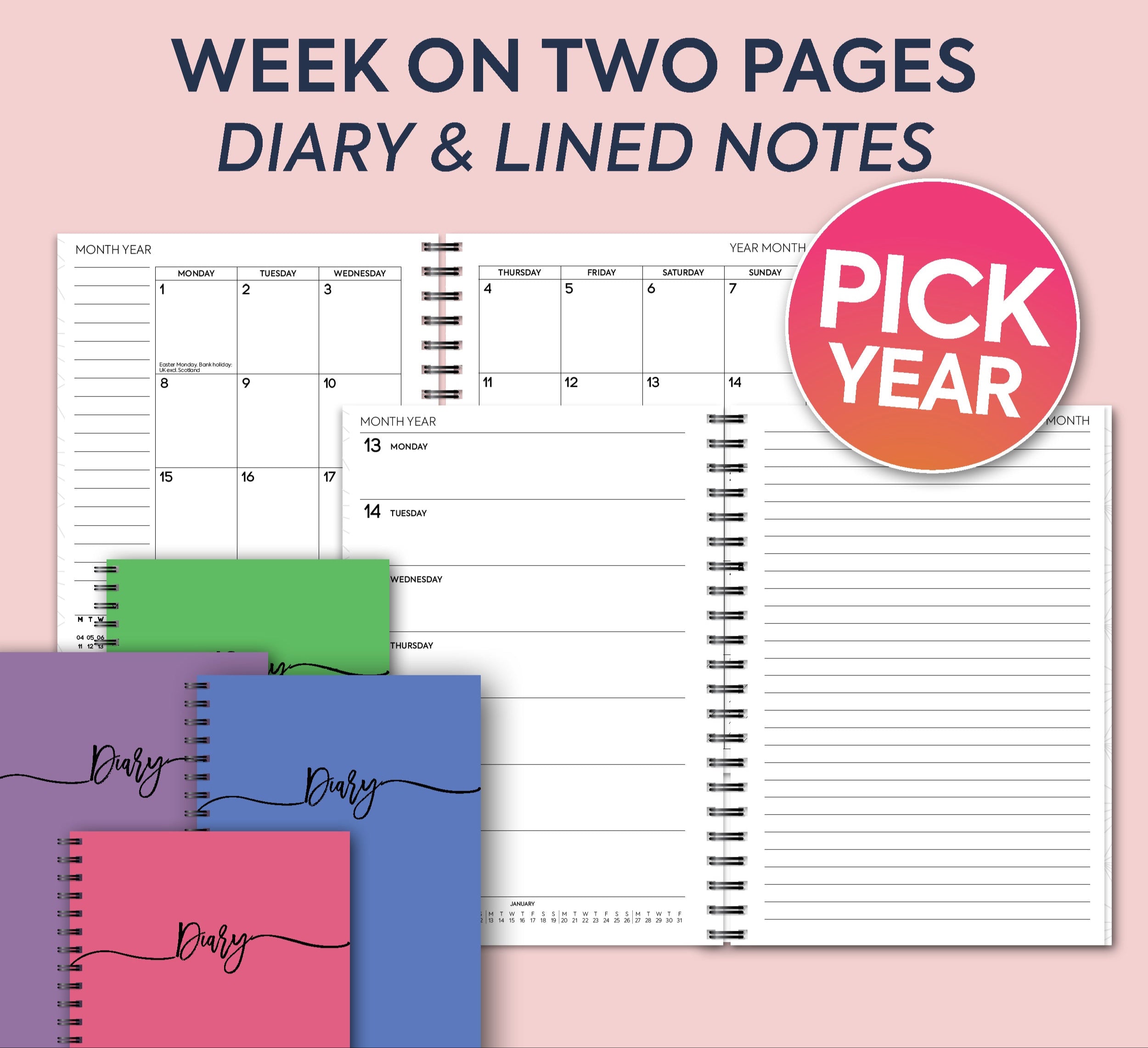 2025, 2026 Week-to-view A5 size spiral diaries | Monthly/weekly layouts