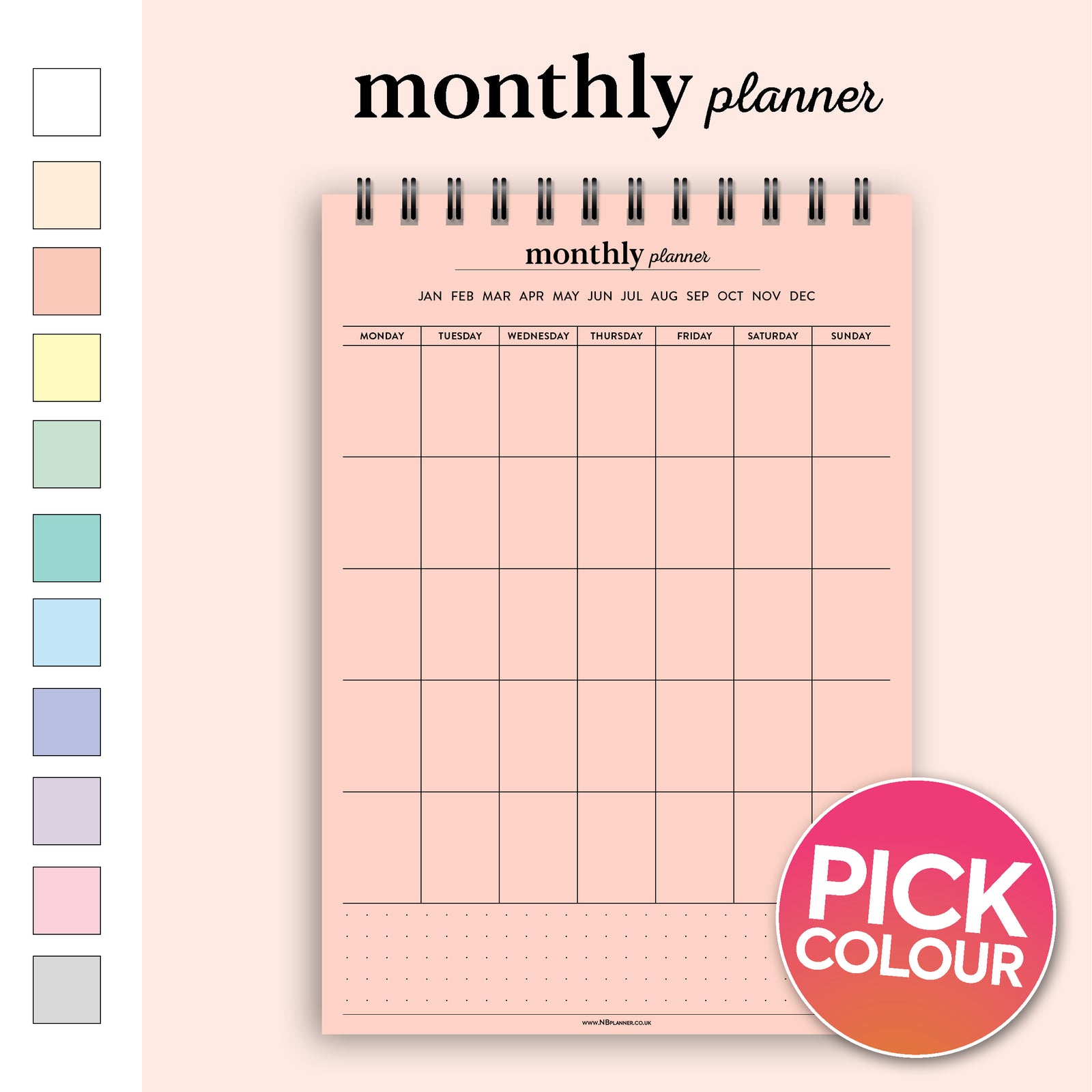 A5 monthly planner notepad | Spiral desk pad | Coloured and white pape