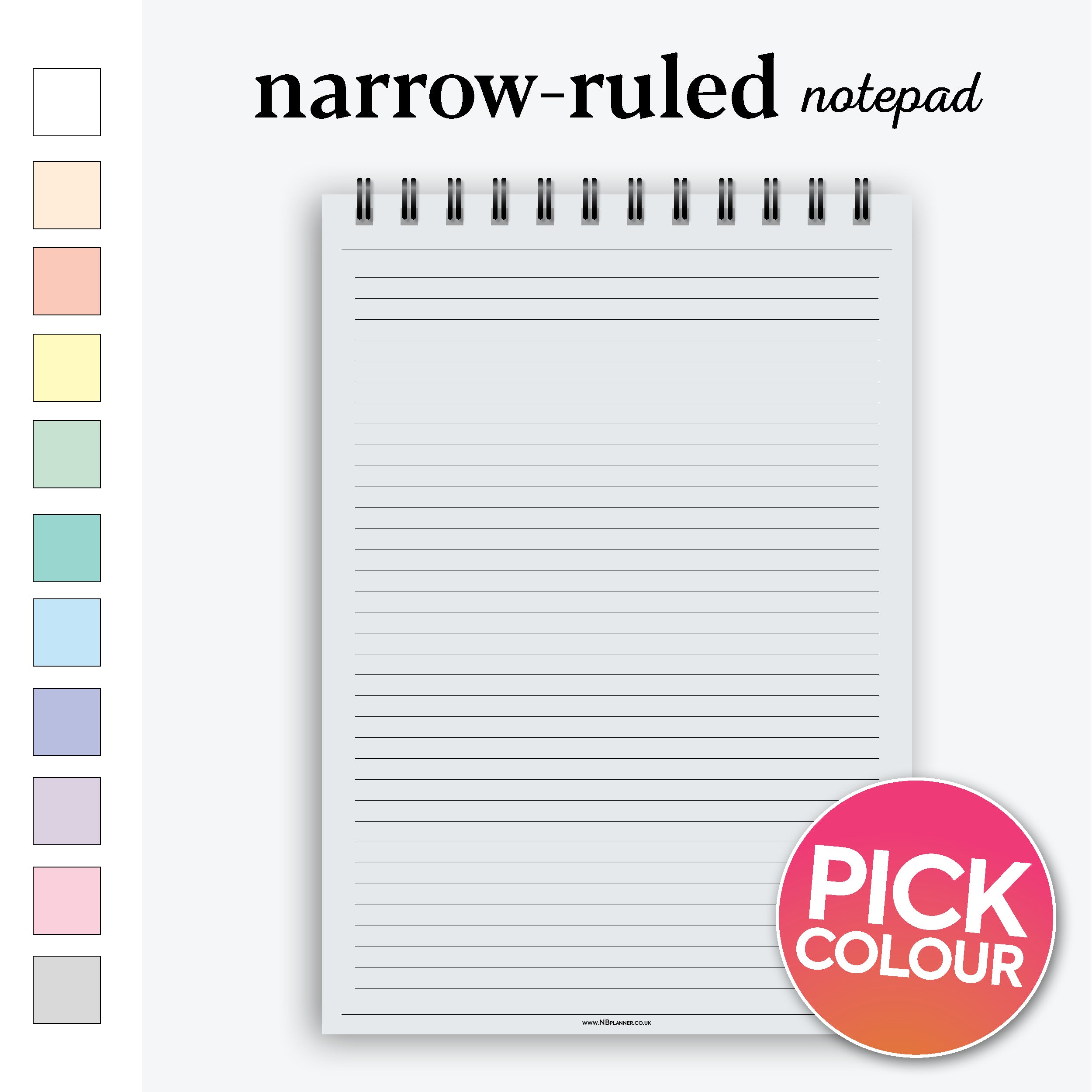 A5 narrow-ruled notepad | Spiral desk pad | Coloured and white paper
