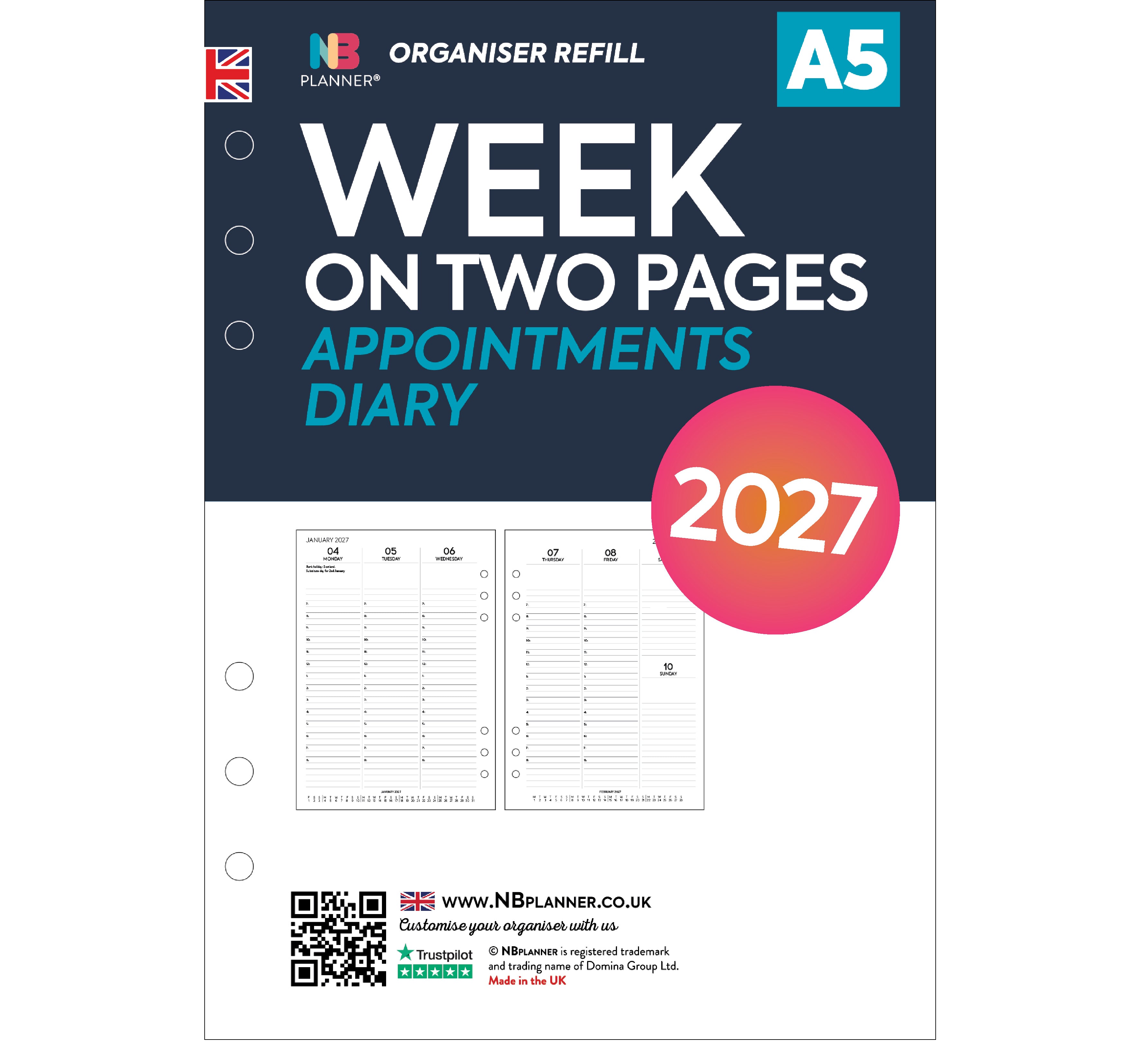 2027 A5 size week on two pages appointments diary organiser refill ins