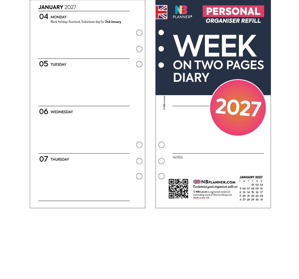 2027 Week on two pages diary organiser refill insert white | UK holida