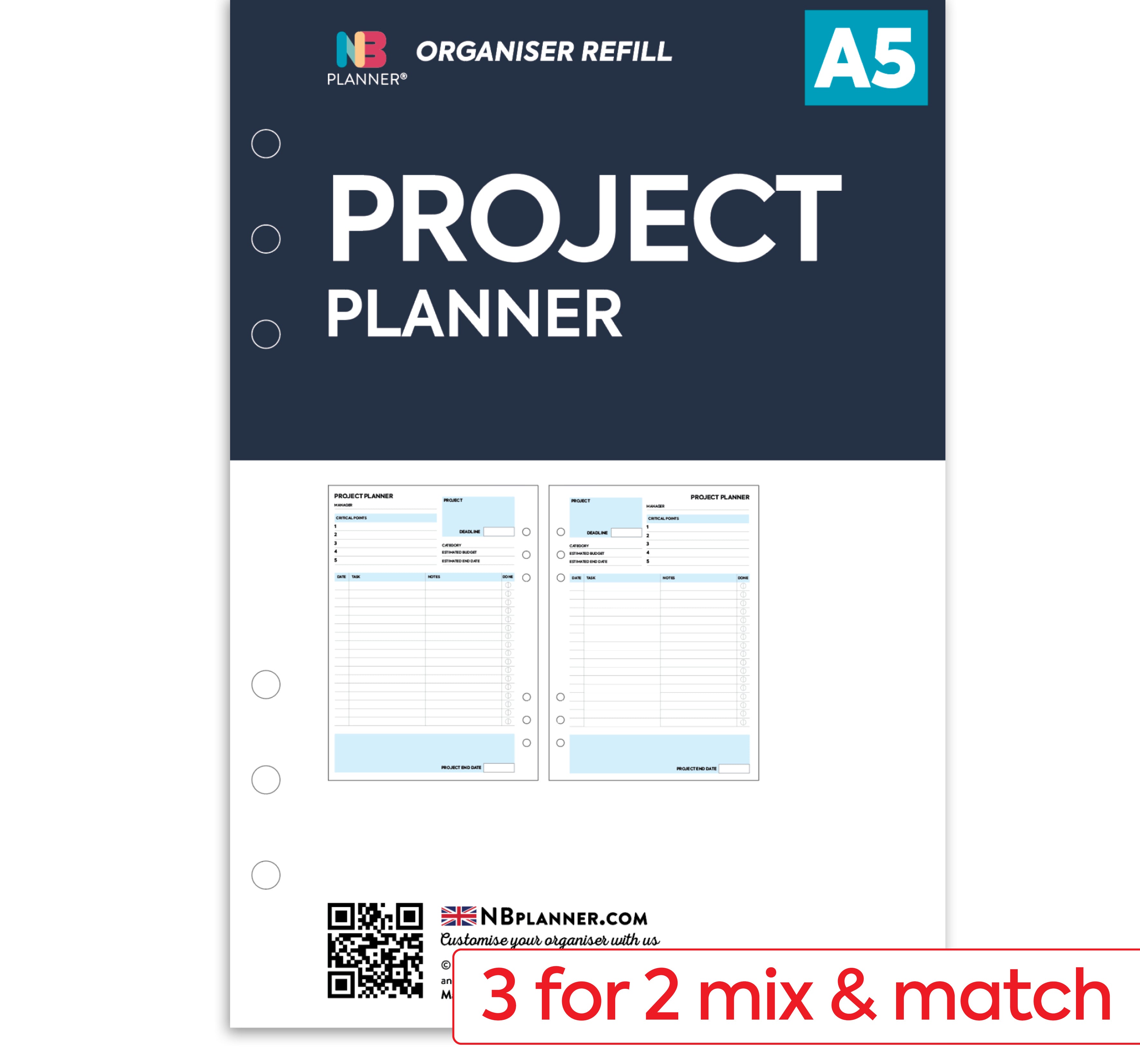 A5 size project planner organiser refill | Classic collection