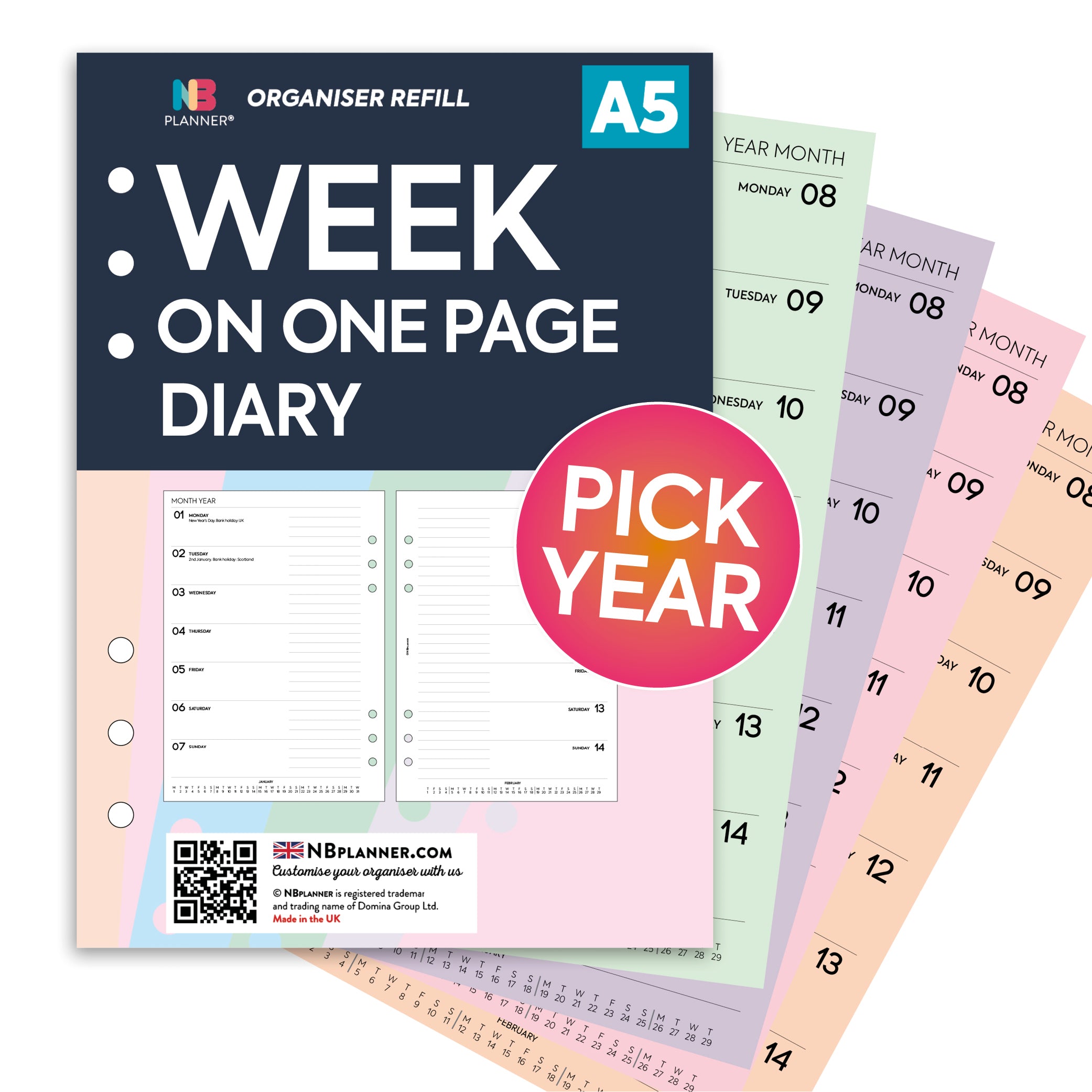 A5 size Week on one page diary organiser refill | Coloured paper