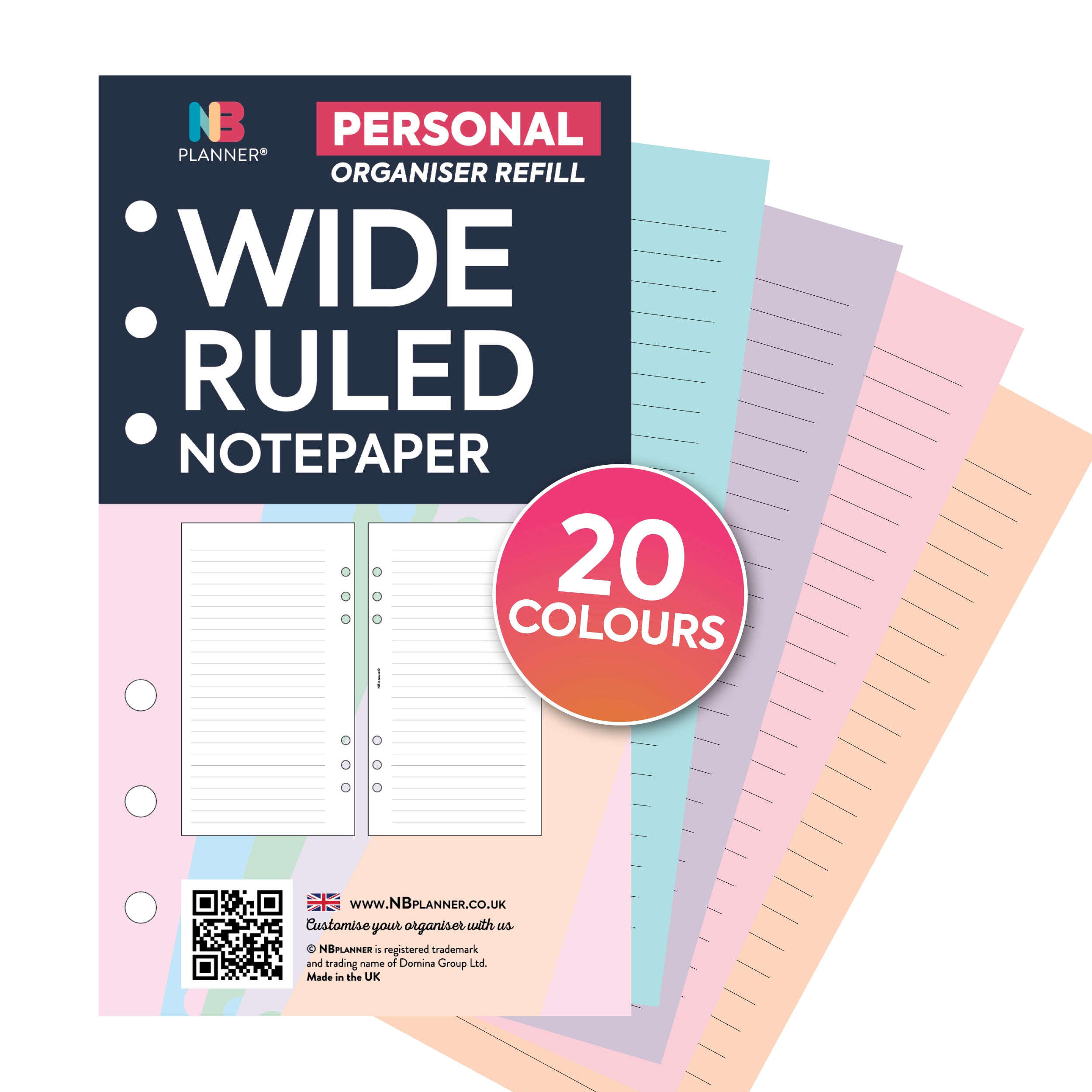 Personal size Wide ruled notepaper organiser refill | Coloured paper