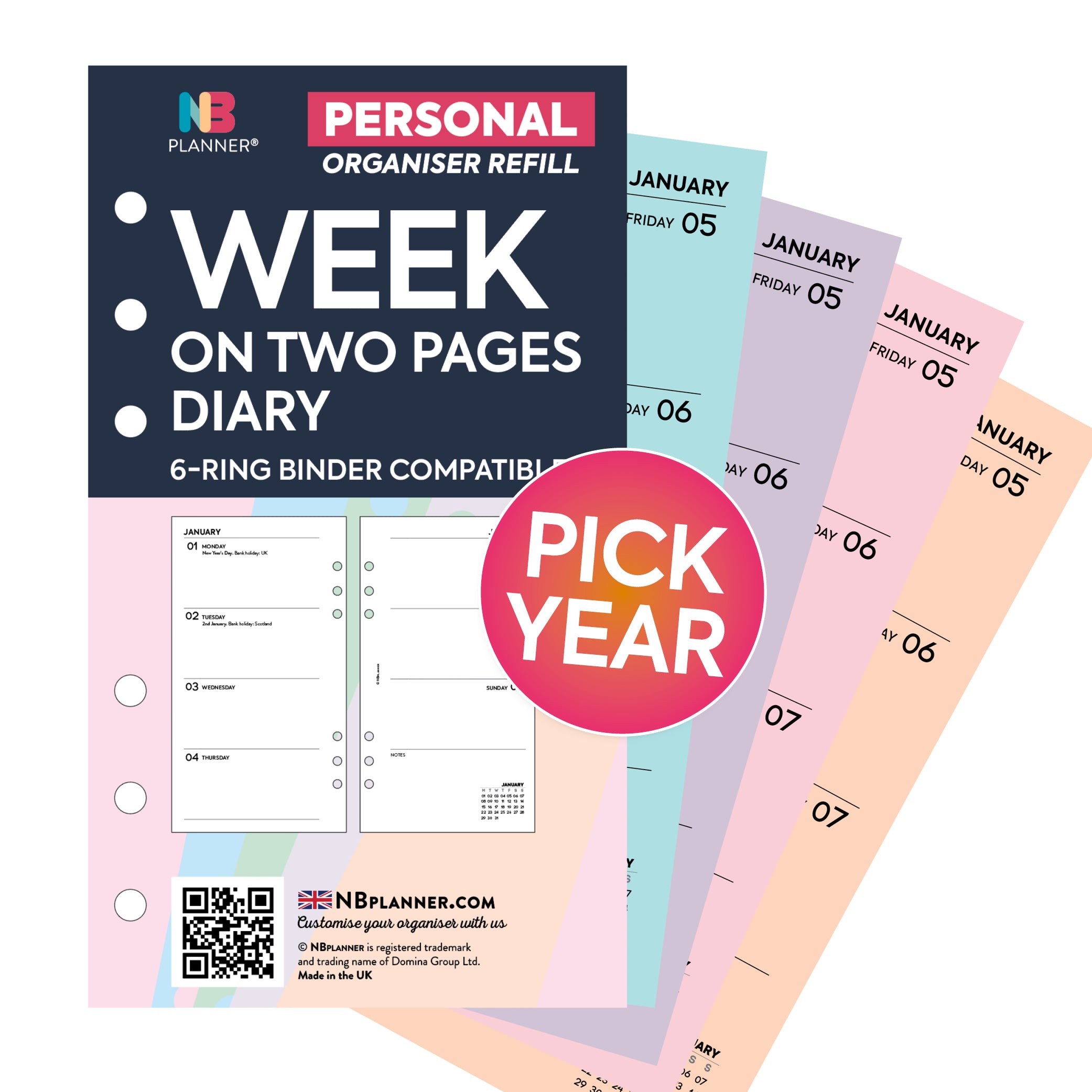 Personal size Week on two pages diary organiser refill | Coloured pape