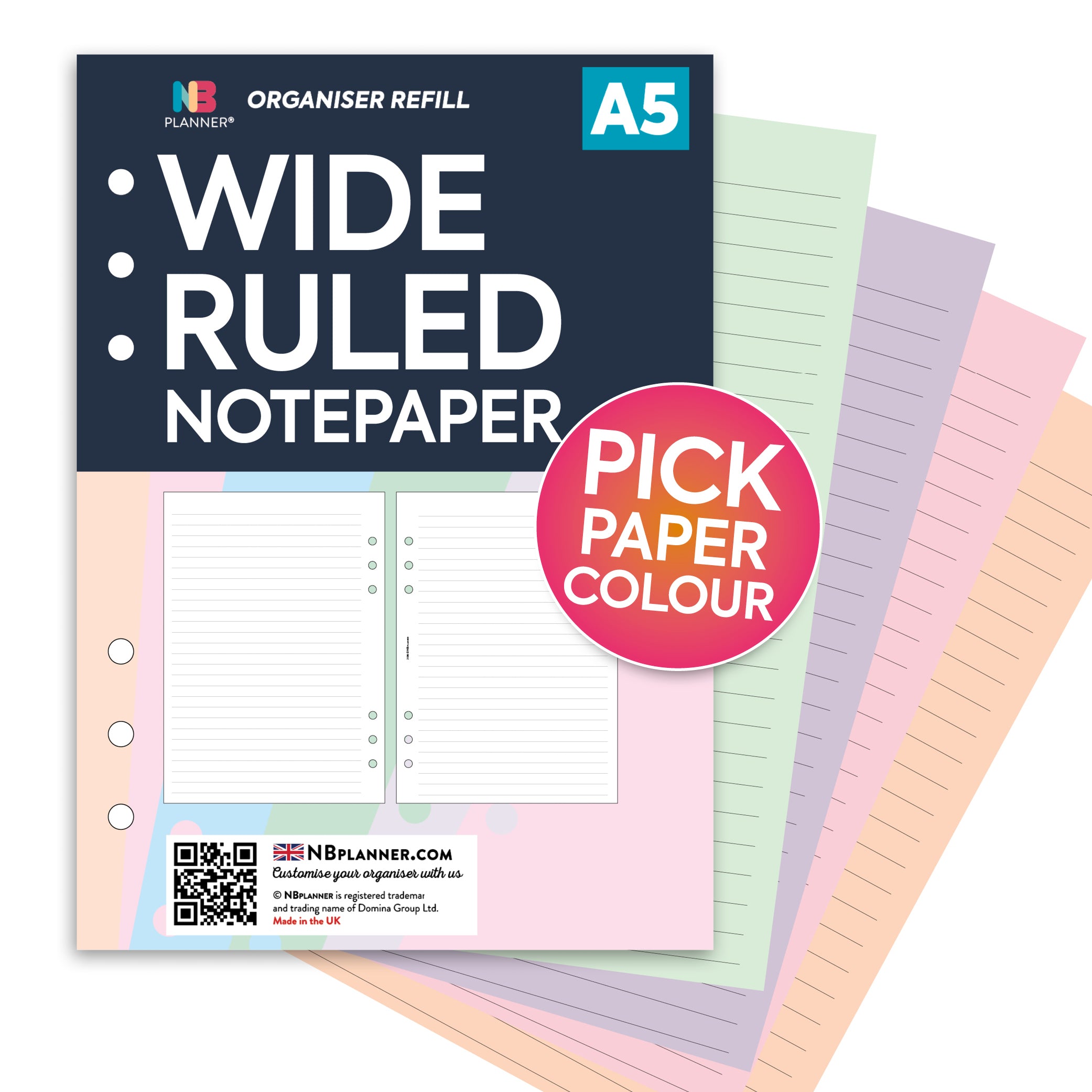 A5 size wide ruled notepaper organiser refill | Coloured paper