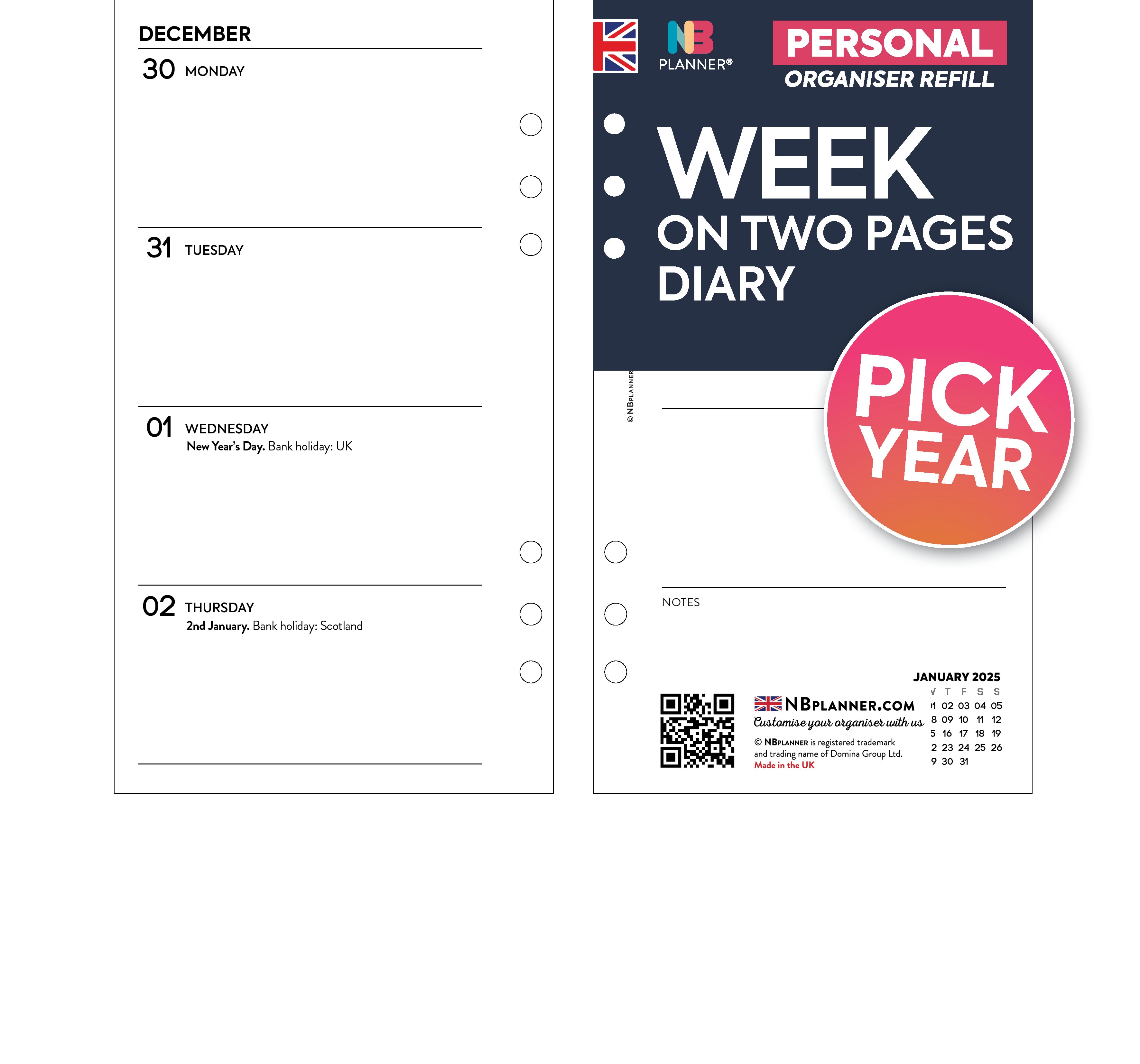 Personal size Week On Two Pages diary organiser refill | Essential