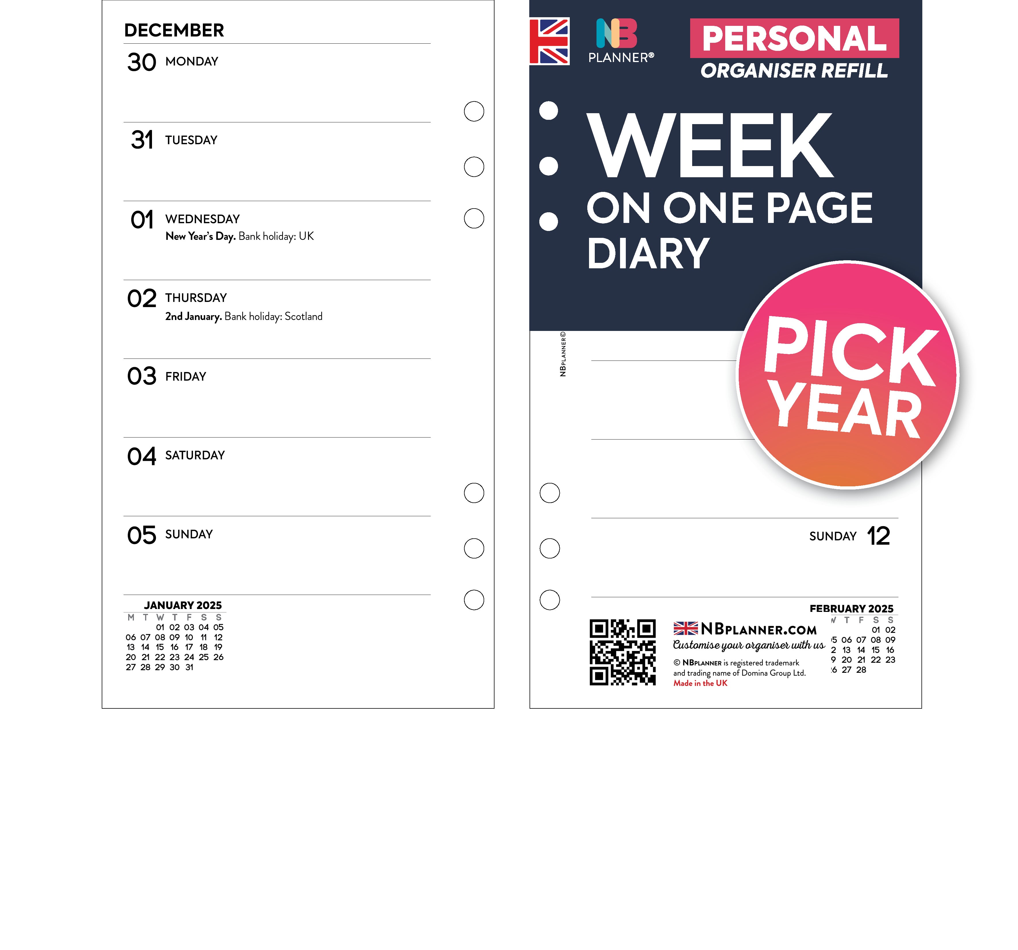 Personal size Week on one page diary organiser refill | Essential coll
