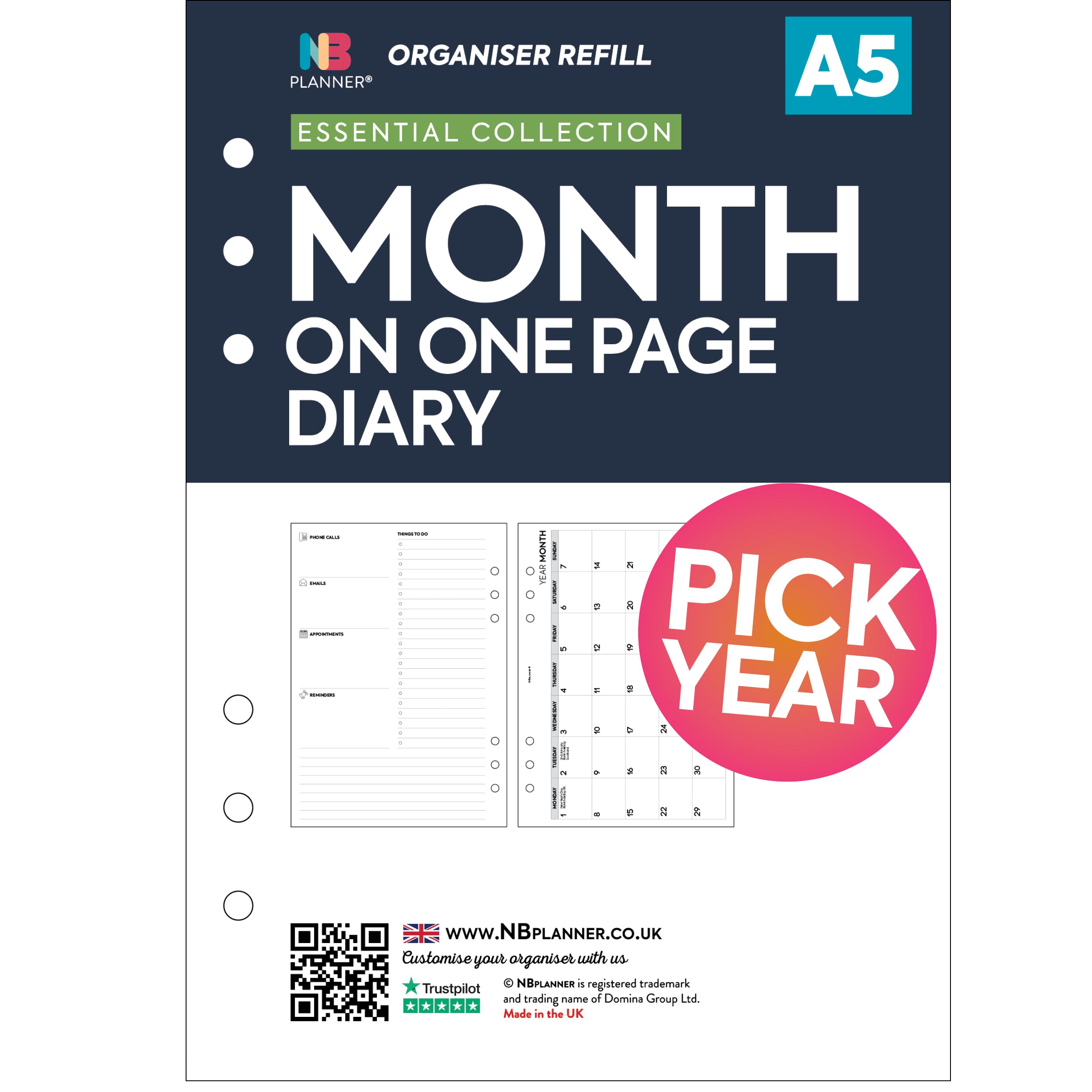 A5 size Month On One Page diary organiser refill | Essential