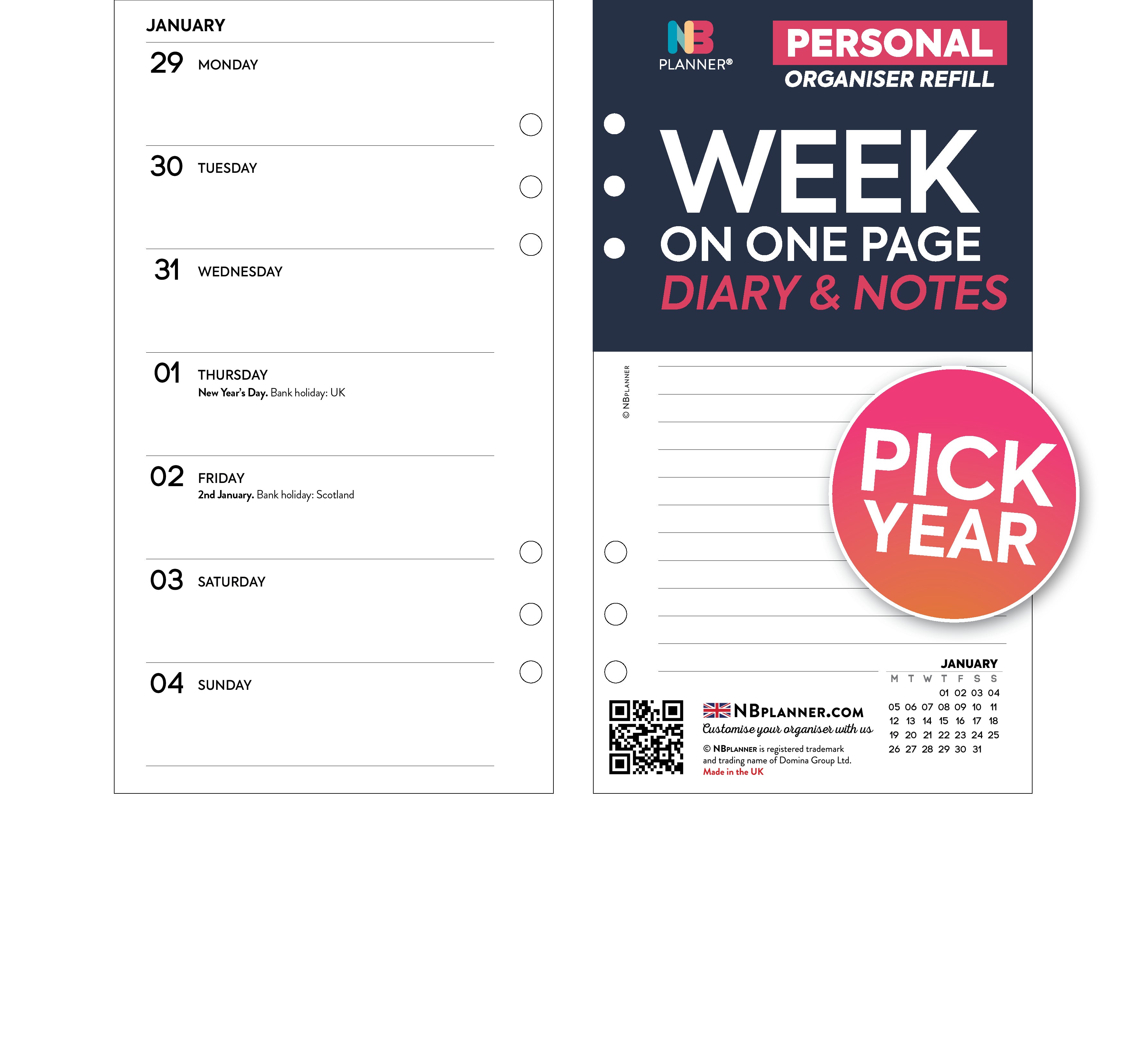 Personal size Week on one page diary & lined notes organiser refill