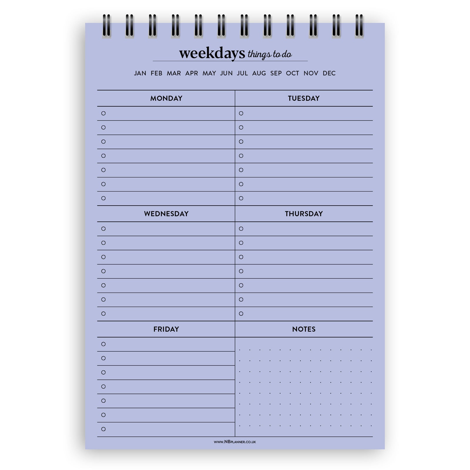 A5 weekdays things to do notepad | Spiral desk pad | Coloured and whit