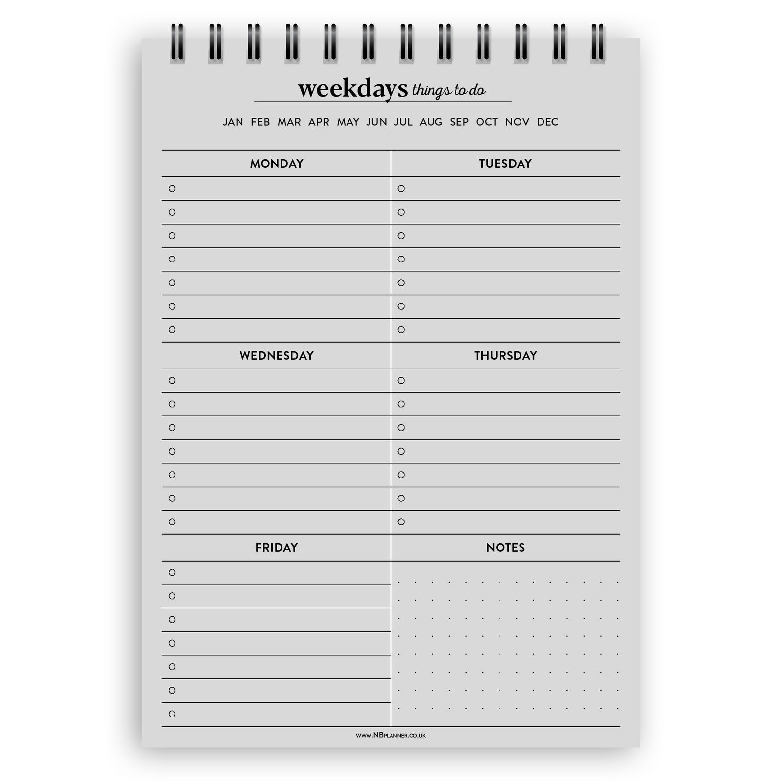 A5 weekdays things to do notepad | Spiral desk pad | Coloured and whit