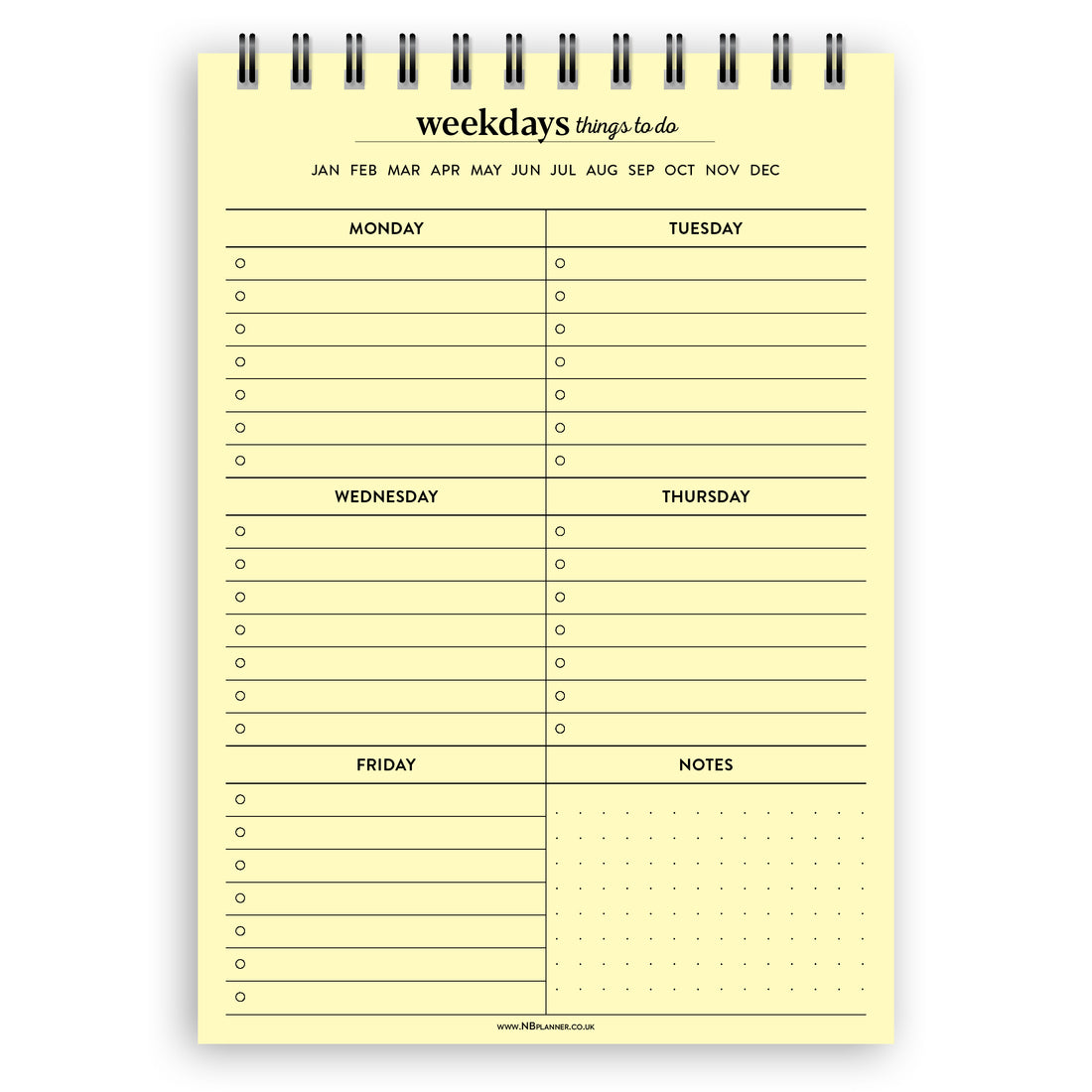 A5 weekdays things to do notepad | Spiral desk pad | Coloured and whit