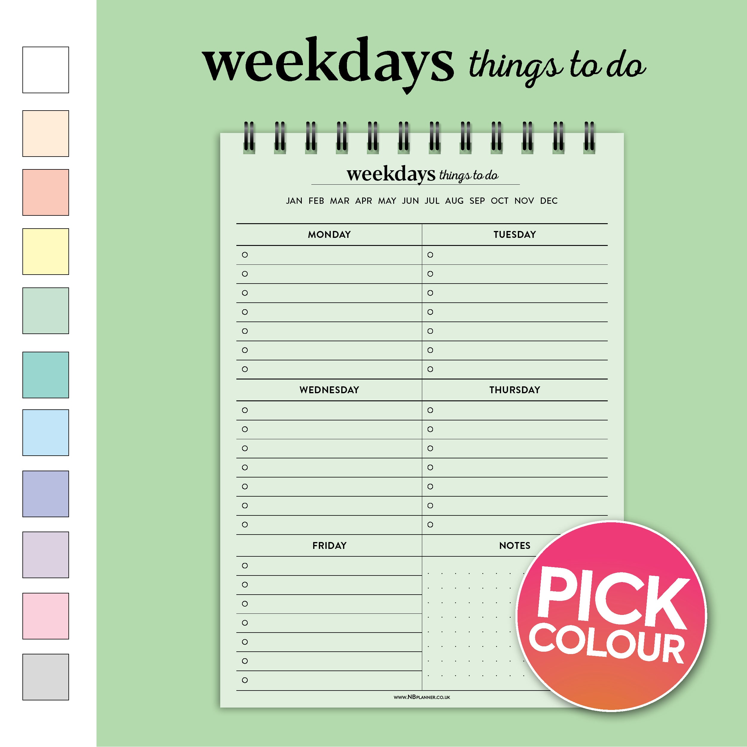 A5 weekdays things to do notepad | Spiral desk pad | Coloured and whit