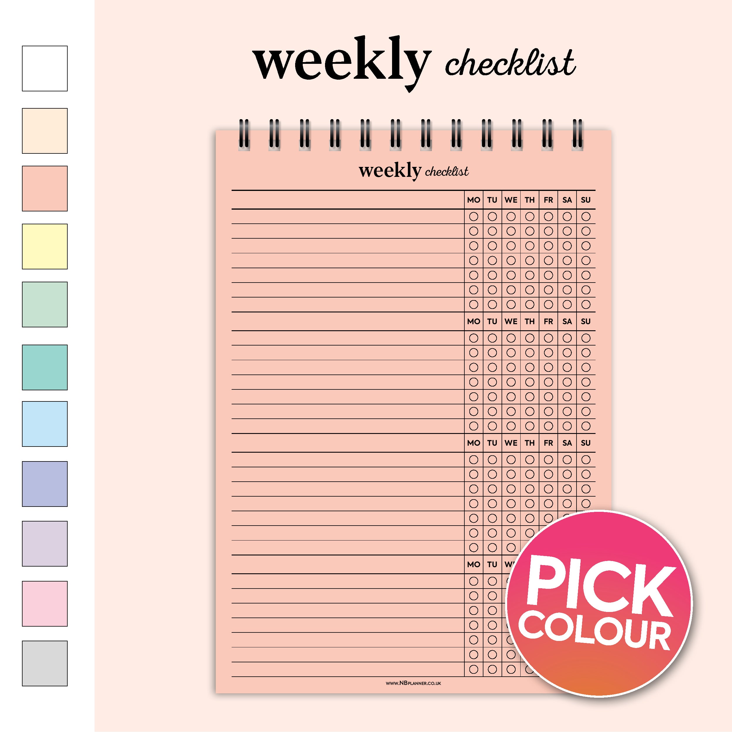 A5 weekly checklist notepad | Spiral desk pad | Coloured and white pap