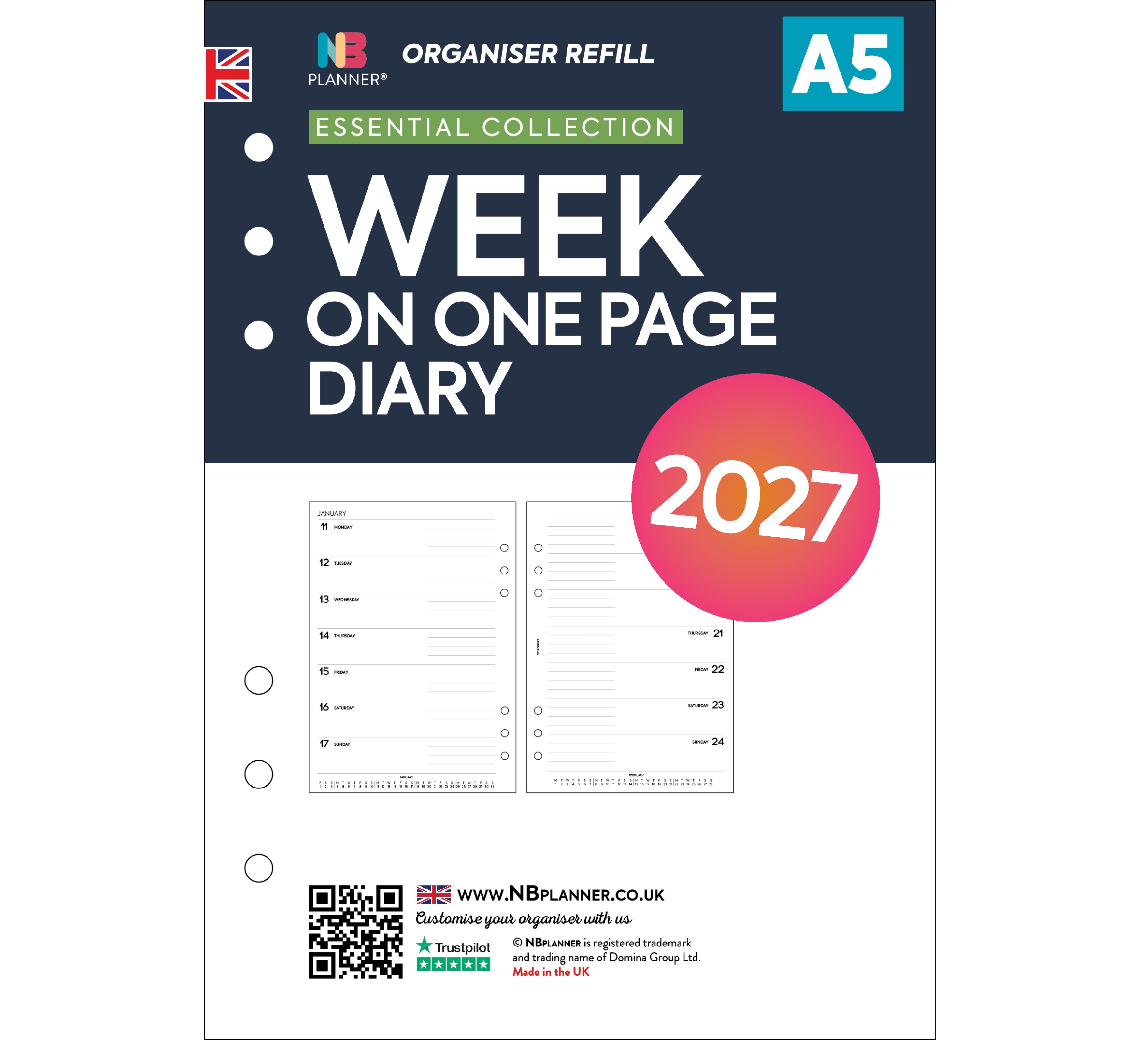 2027 A5 size week on one page diary refill insert | Filofax A5 COMPATI
